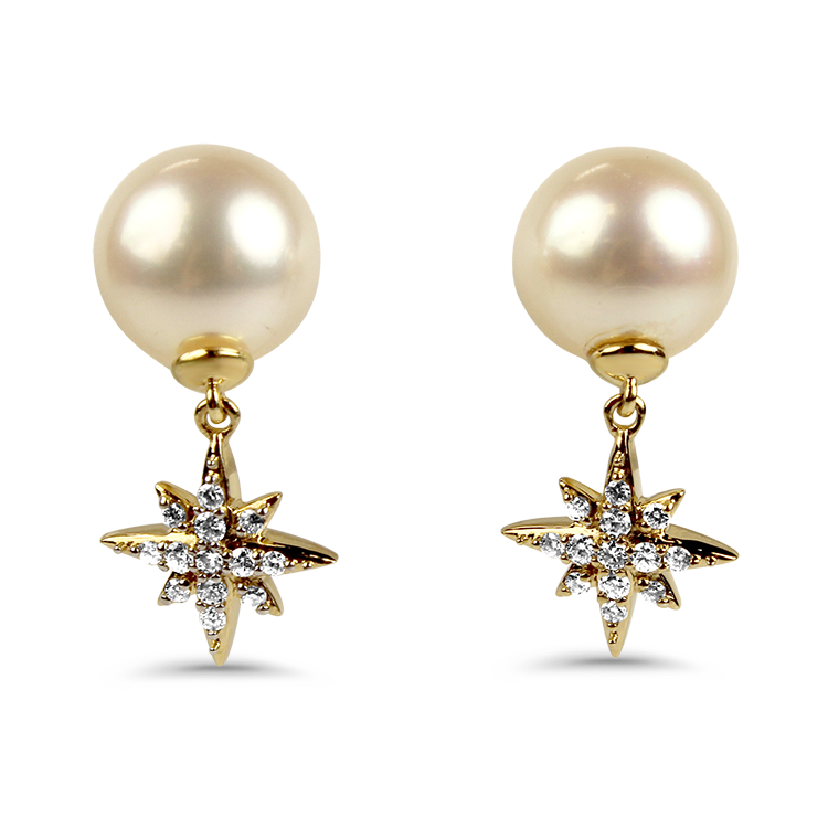 Mastoloni 18K Yellow Gold Pearl and Diamond Star Drop Earrings Maine New Hampshire